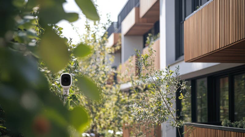 Modern Apartment Complex with Security Camera and Lush Greenery Stock ...