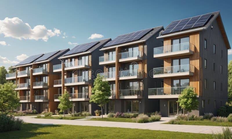 Modern Apartment Complex with Solar Panels on the Roof, Surrounded by ...