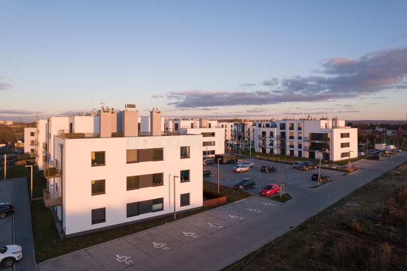 Modern Apartment Complex at Sunset Stock Image - Image of exterior ...