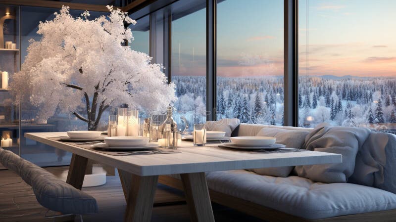 A Modern Apartment Dining Table Near the Window with Snow Ice Stock ...