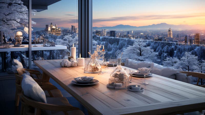 A Modern Apartment Dining Table Near the Window with Snow Ice Stock ...