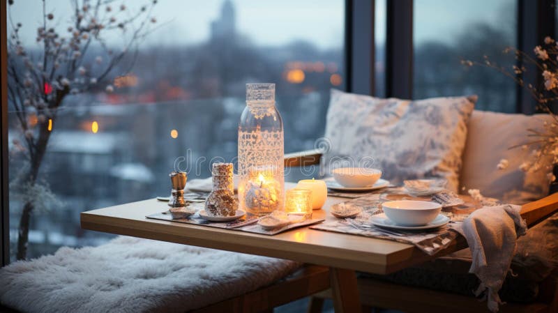 A Modern Apartment Dining Table Near the Window with Snow Ice Stock ...