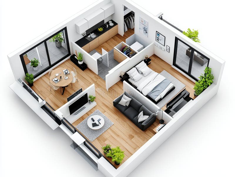 Modern Apartment Floor Plan with One Bedroom, Living Area, and Kitchen ...