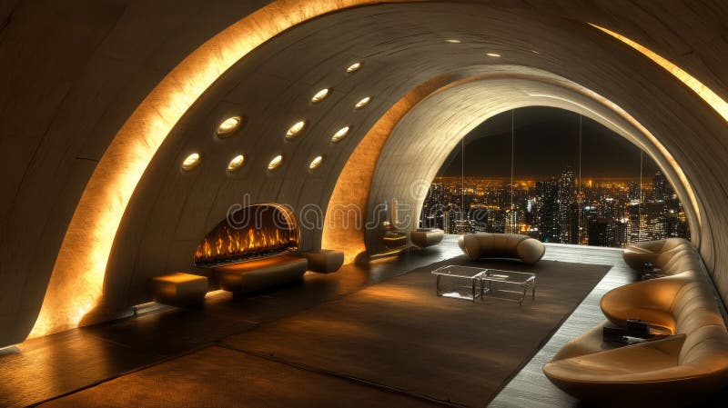 Modern Apartment Interior with City Night View Stock Illustration ...