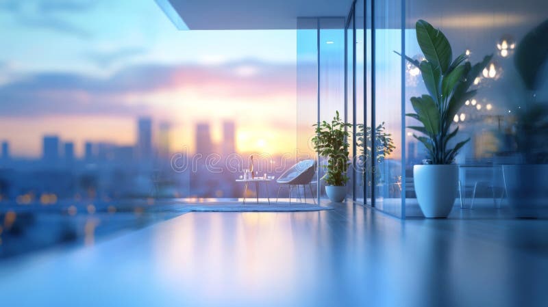 Modern Apartment Interior with City Sunset View Stock Illustration ...