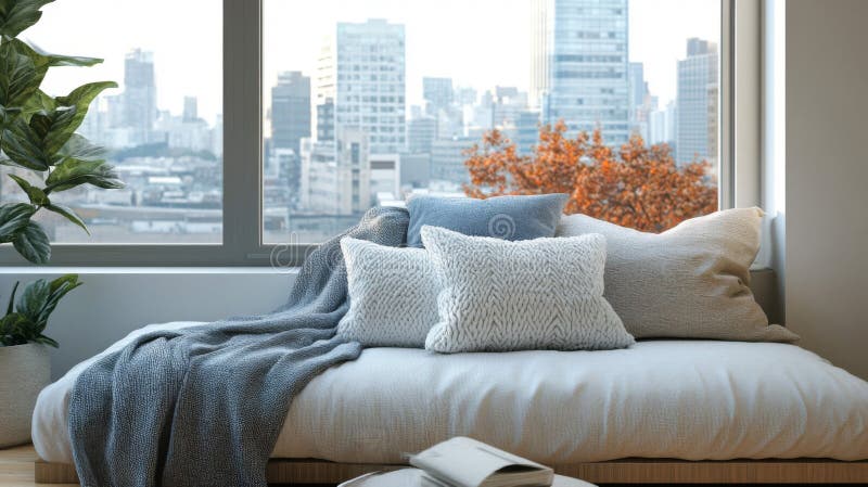 Modern Apartment Interior with City View and Cozy Sofa Stock ...