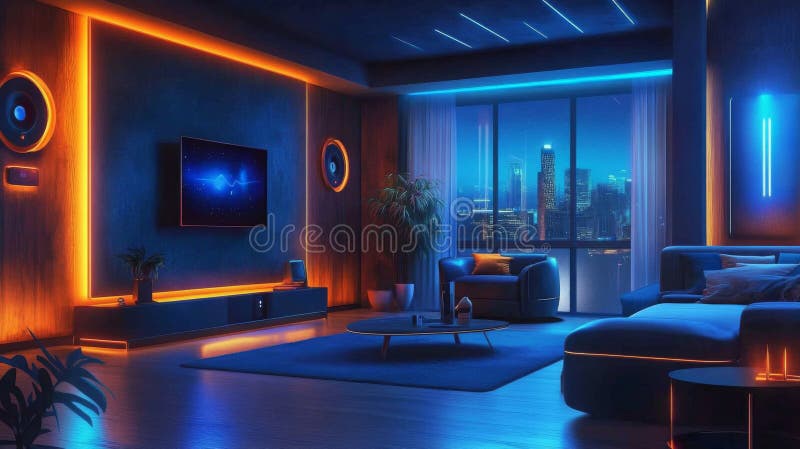 Modern Apartment Interior at Night with City View Stock Illustration ...