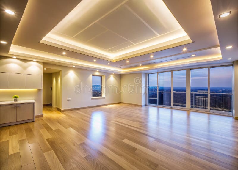 Modern Apartment Interior with Sleek White Stretch Ceiling and Halogen ...