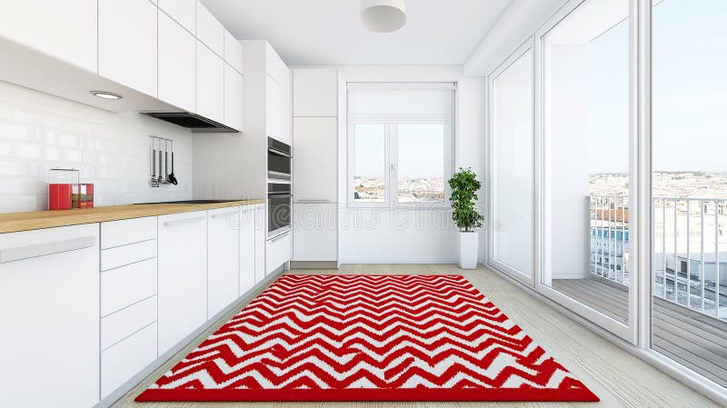 Modern Apartment Kitchen, Red Rug, City View, Design Stock Image ...