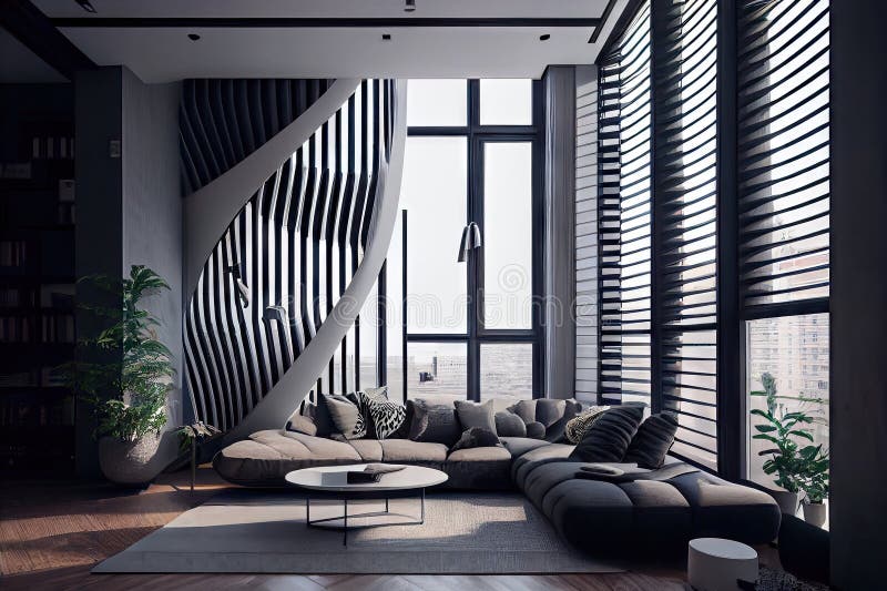 Modern Apartment with Large Windows and Unique Louvers Stock ...