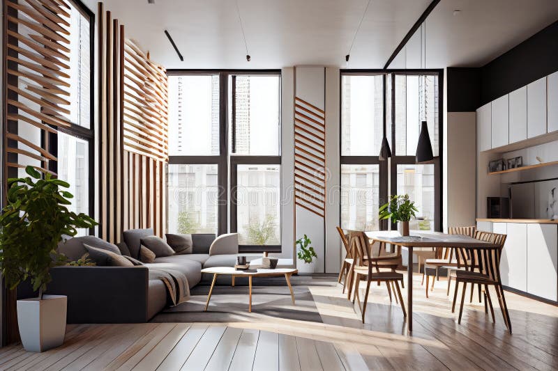 Modern Apartment with Large Windows and Unique Louvers Stock ...