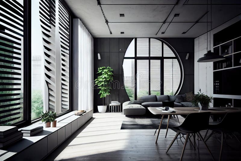 Modern Apartment with Large Windows and Unique Louvers Stock ...