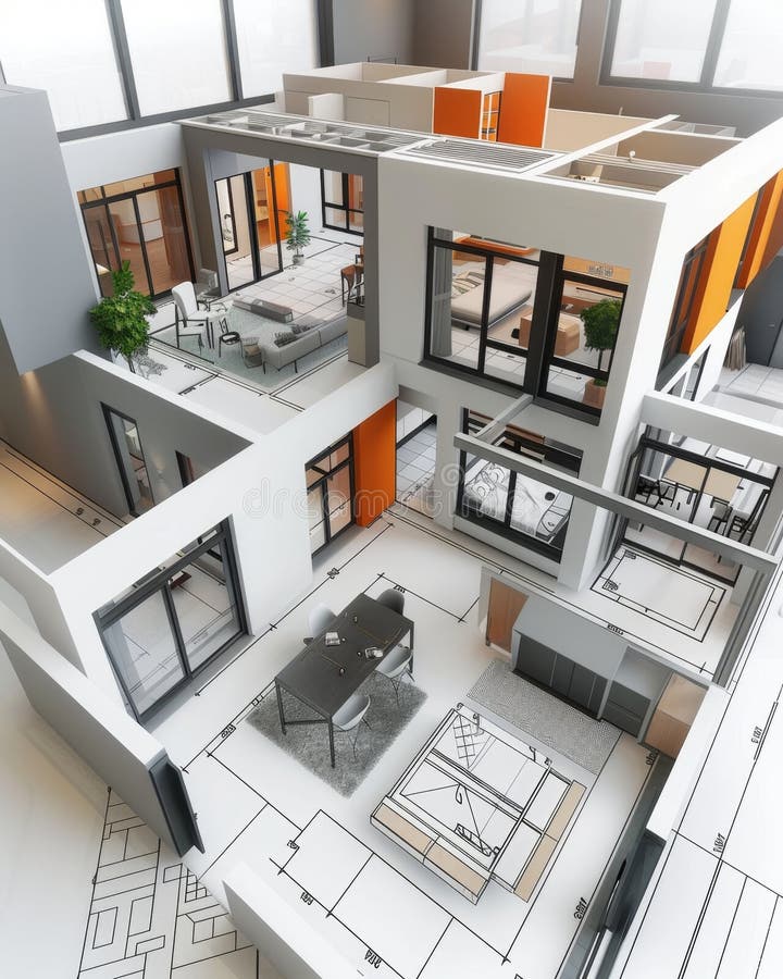 Modern Apartment Over Technical Drawing Showing Interior Design Stock ...