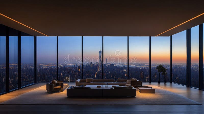 Modern Apartment with Panoramic City Skyline View at Sunset Stock ...