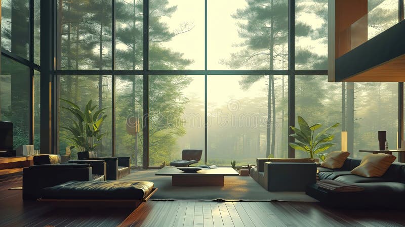 Modern Apartment with Panoramic Windows Overlooking the Green Forest ...