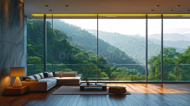 Modern Apartment with Panoramic Windows Overlooking the Green Forest ...