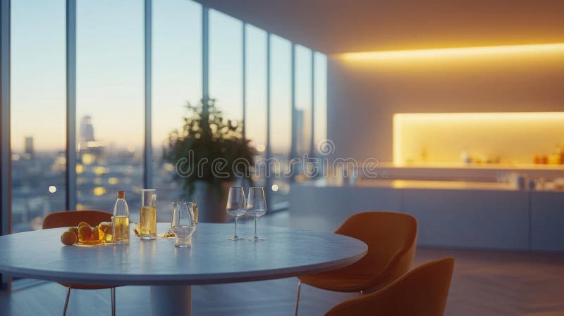 Modern Apartment Sunset City View Dining Table Setting Stock Illustration - Illustration of ...