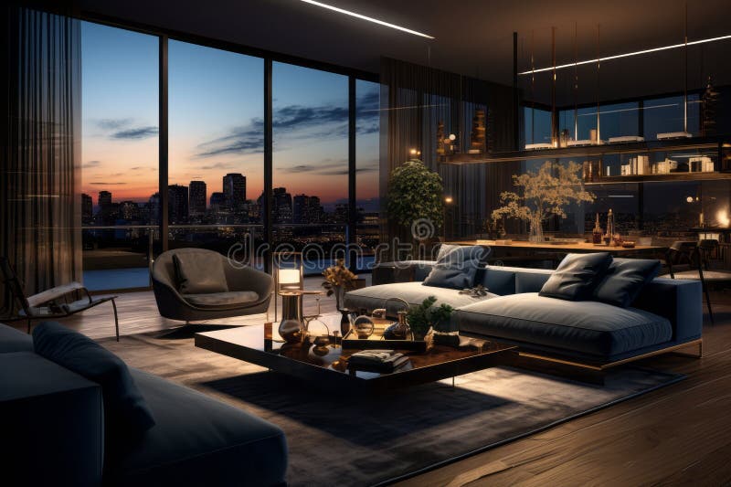 Modern Apartment at Sunset, in the Style of Dark Indigo and Bronze ...