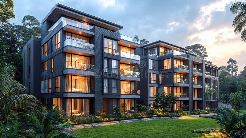 Modern Apartments at Dusk, Lush Landscaping, Serene Forest Backdrop ...