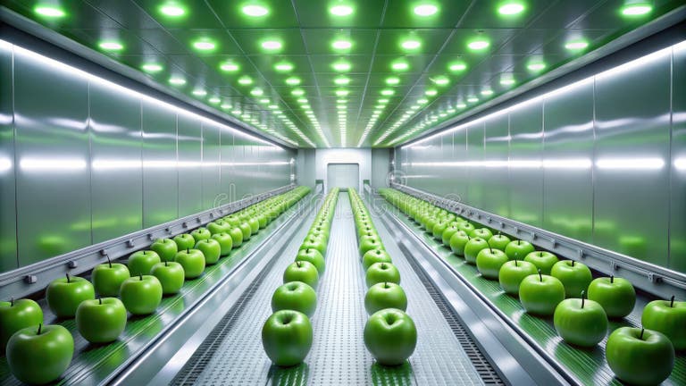 Modern Apple Processing Facility Rows of Green Apples on Conveyor Belts ...
