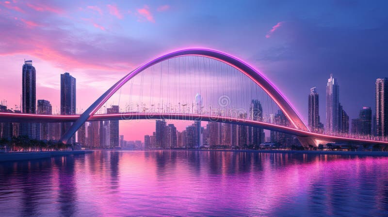 Modern Arch Bridge Illuminated with Pink Lights in a City at Sunset ...