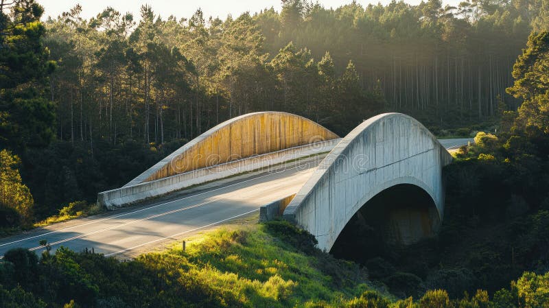 Modern Arch Bridge Over a Serene Road Stock Illustration - Illustration ...