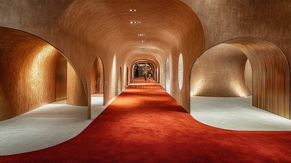 Modern, Arched Hallway with Red Carpet Stock Photo - Image of lounge ...