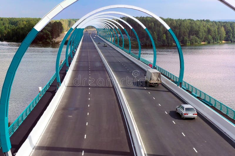 Modern Arched Road Bridge Over the River Stock Photo - Image of sunny ...