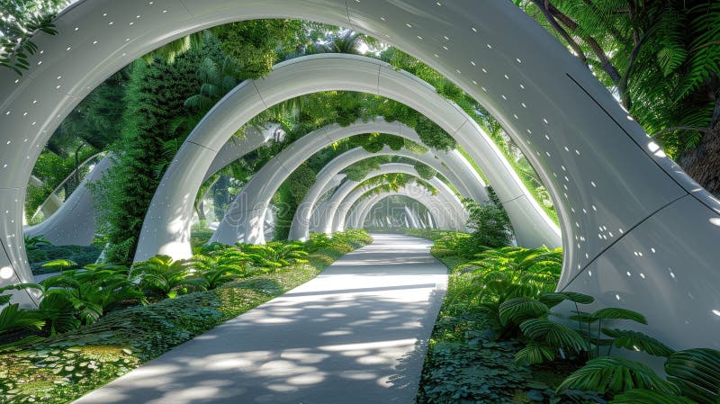 Modern Arched Walkway Surrounded by Lush Vegetation and Dappled ...