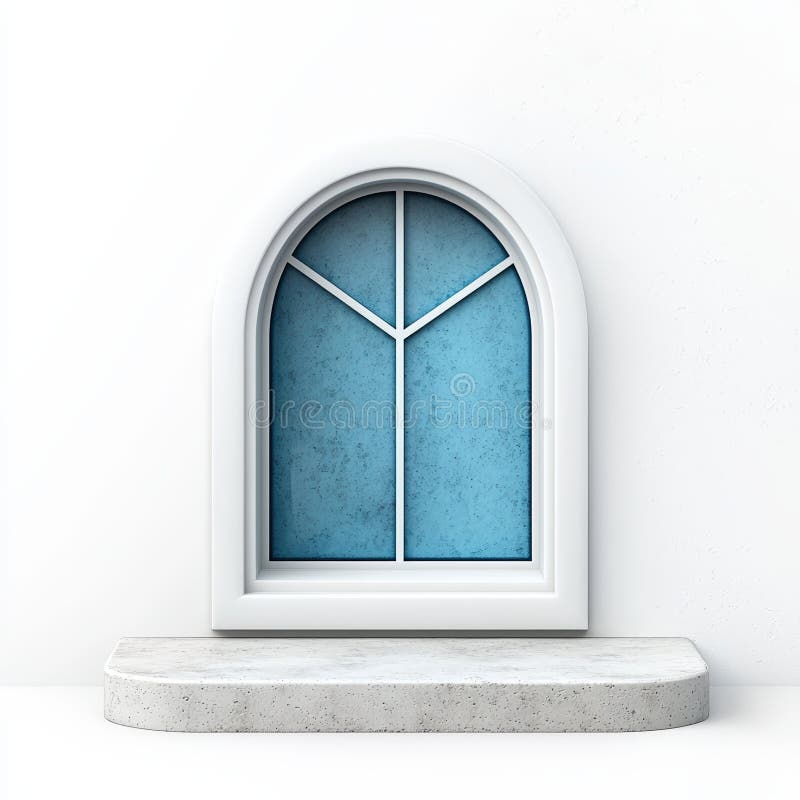 A Modern Arched Window with Blue Glass Set Against a Minimalist ...