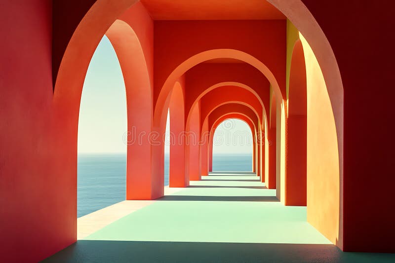 Modern Architectural Archway Corridor Overlooking Ocean Abstract Design ...