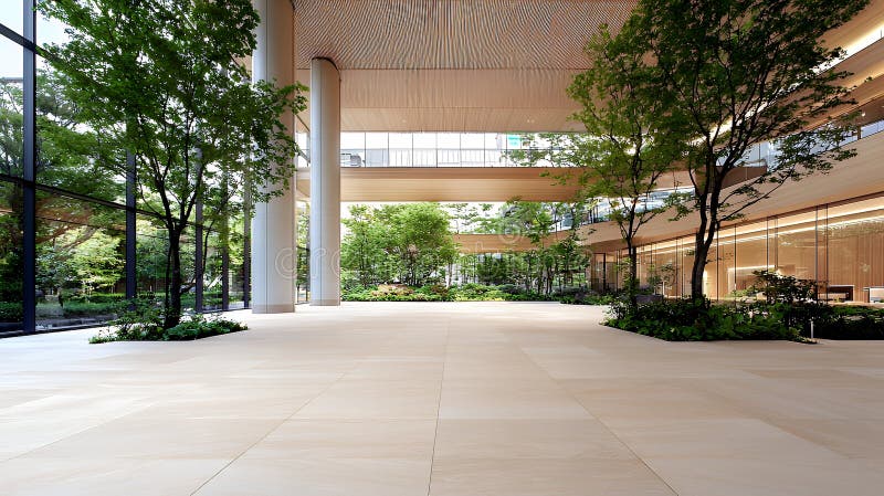 Modern Architectural Atrium with Trees and Natural Light Interior ...