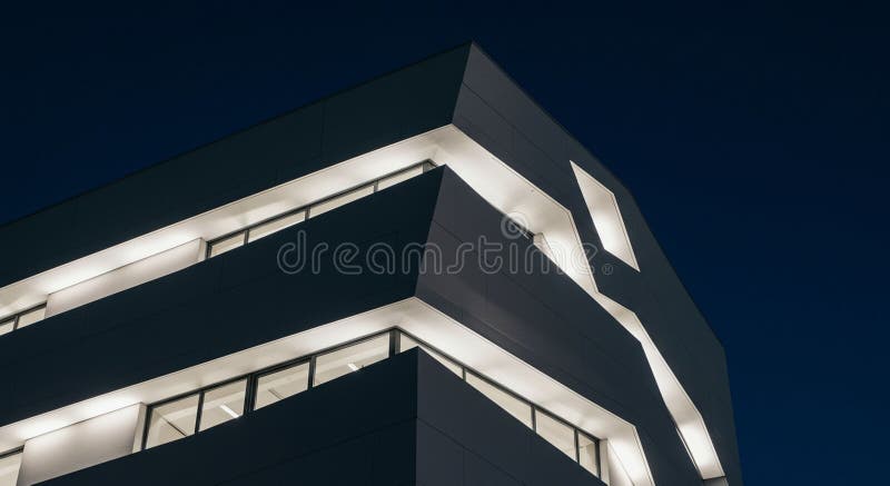 Modern Architectural Building with Angular Design Features Illuminated by Embedded Stock ...
