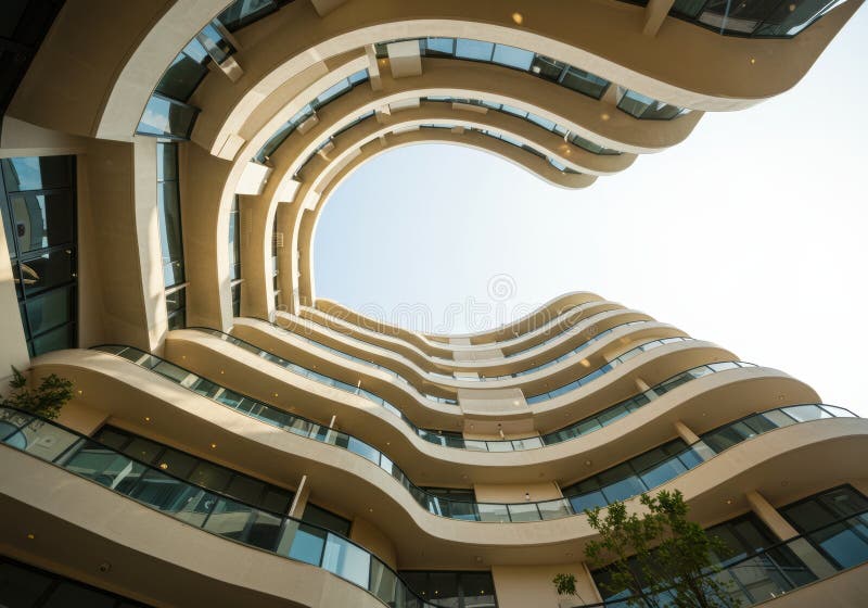 Modern Architectural Building with Curved Balconies Against Blue Sky ...