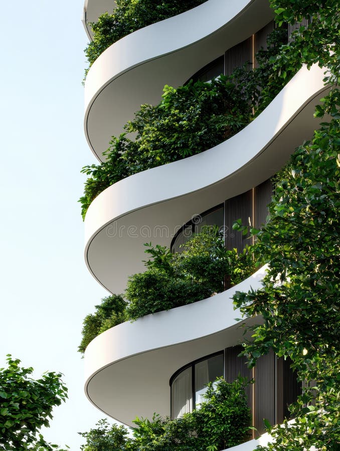 Modern Architectural Building with Curved Balconies and Lush Greenery ...