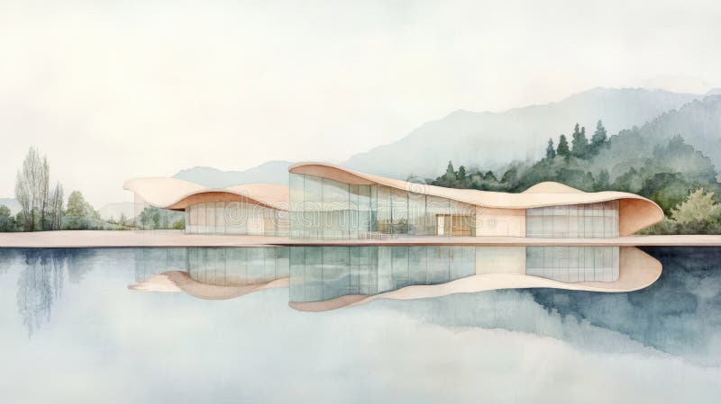 Modern Architectural Building with Curved Roof Reflected in Tranquil ...