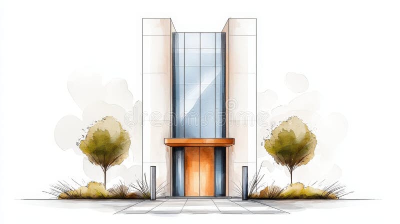 Modern Architectural Building Design Sketch with Trees and Pathway ...