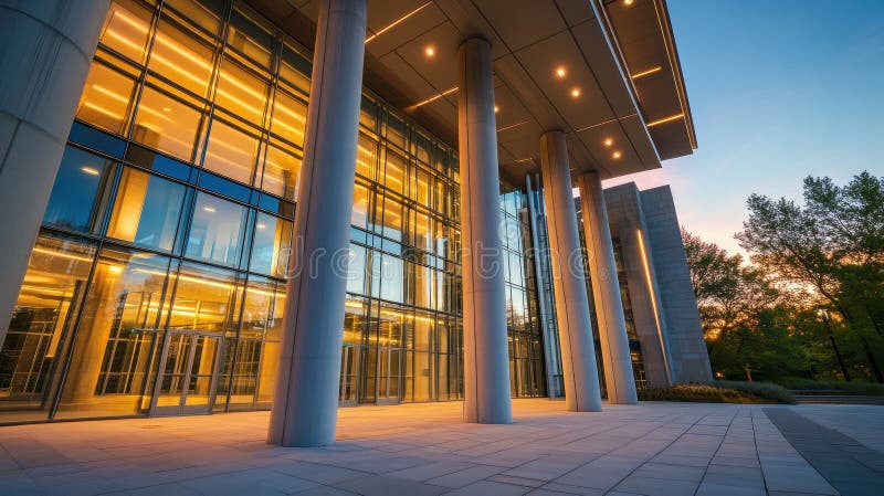 Modern Architectural Building with Glass Facade and Illuminated Columns ...