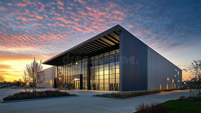 Modern Architectural Building with Large Glass Windows at Sunset Stock ...
