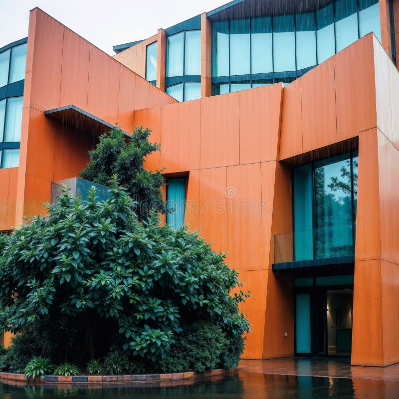 Modern Architectural Building with Orange Facade and Blue Glass Windows ...