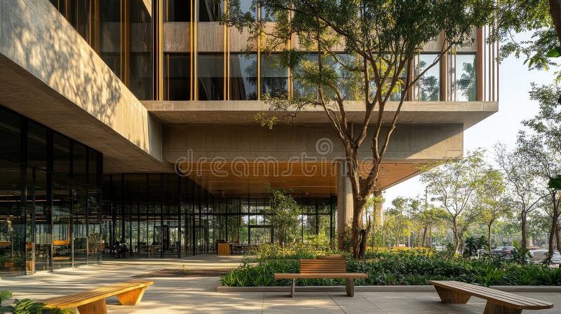 Modern Architectural Building with Outdoor Seating and Greenery Stock ...