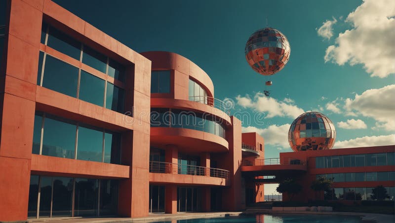 Modern Architectural Building with Red Facade and Reflective Spheres in ...