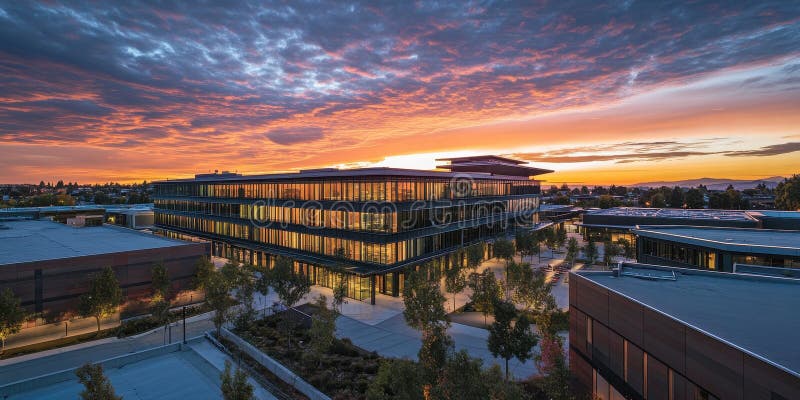 Modern Architectural Building at Sunset with Vibrant Clouds Stock ...