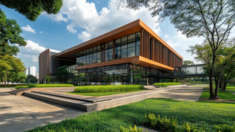 Modern Architectural Building Surrounded by Greenery and Walkways Stock ...