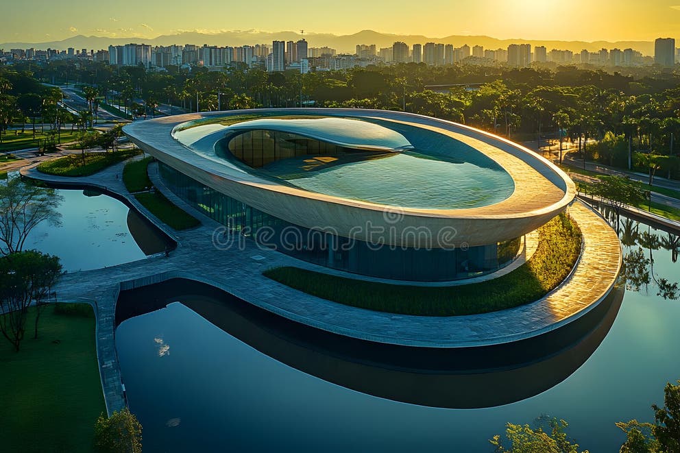 Modern Architectural Building Surrounded by Water and Greenery at ...