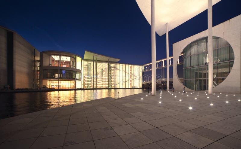 Modern Architectural Buildings with Illuminated Windows at Night Stock ...