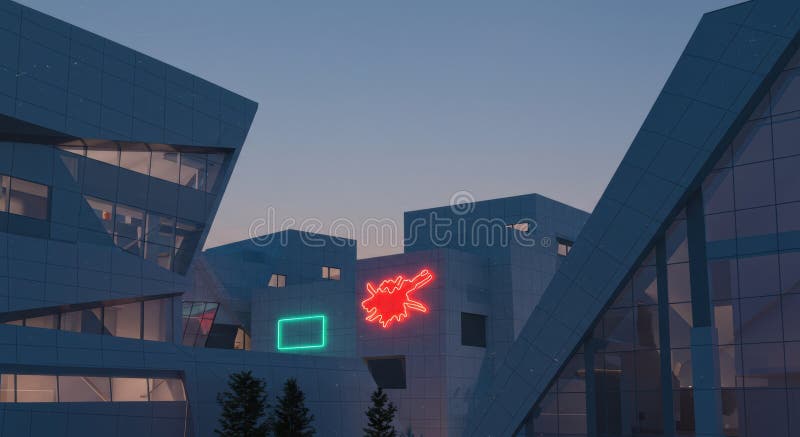 Modern Architectural Buildings with Neon Signs at Dusk Stock Photo ...