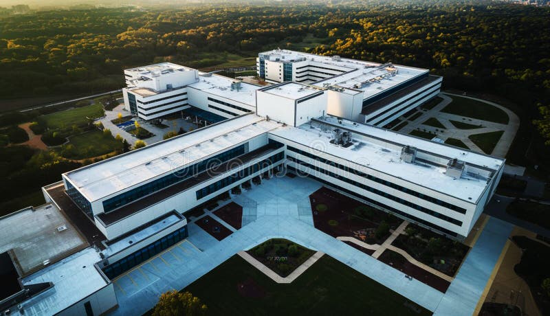 Modern Architectural Complex: Aerial View of Cross-Shaped Building ...