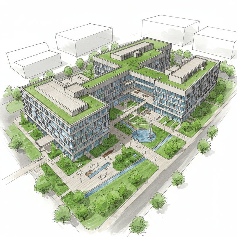 Modern Architectural Complex with a Cross-shaped Building Featuring ...