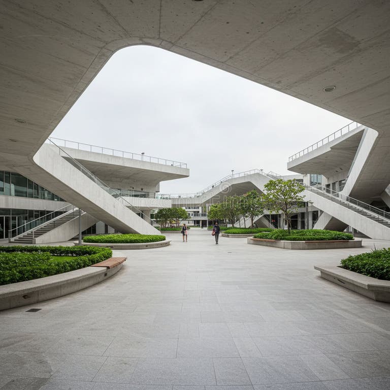 Modern Architectural Complex Featuring Angular Concrete Structures and ...